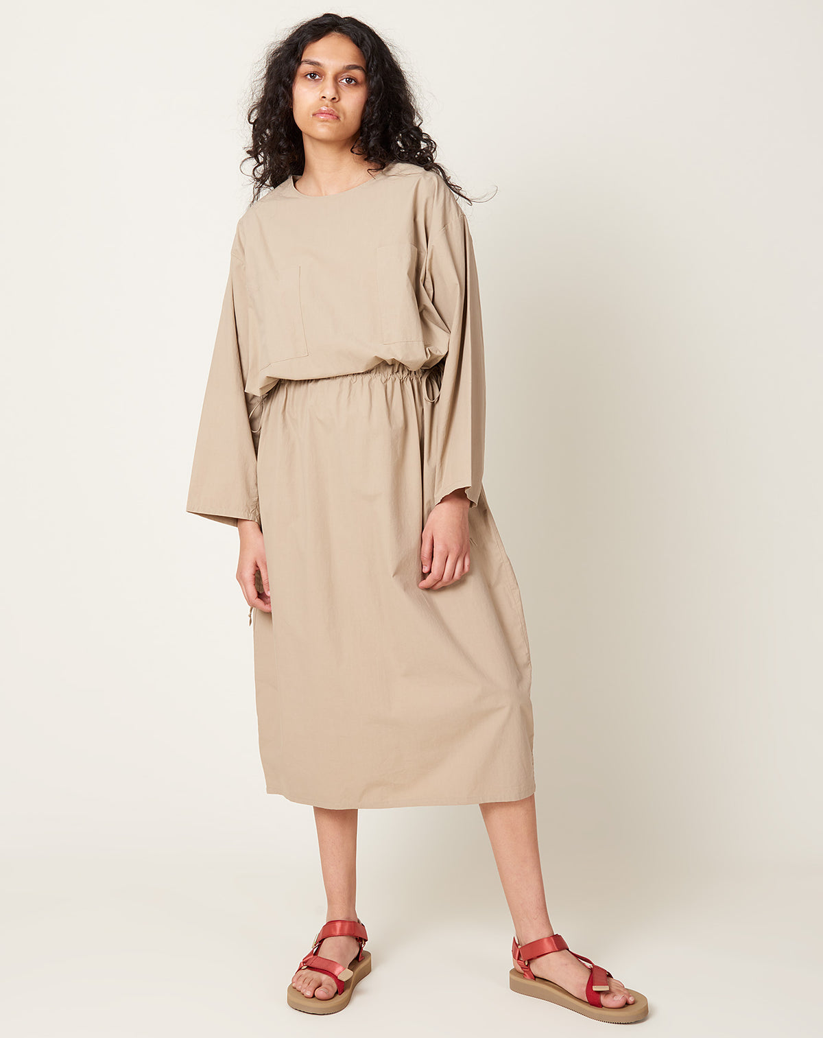 Drawstring Slouch Pocket Dress in Taupe | Modern Weaving | Covet + Lou ...